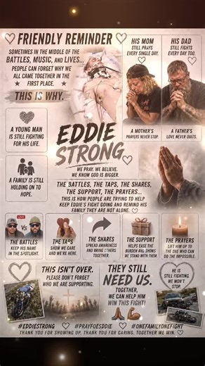 Somewhere behind every battle, every tap, every share… is a family still praying and a young man still fighting. ❤️ Please don’t forget why this community came together. Eddie still needs us. 🙏 #EDDIESTRONG #LISAMARIE2469 #PrayForEddie #OneFamilyOneFight #TogetherWeFight