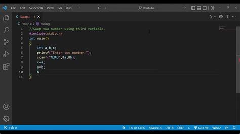 c program swap two number using third variable youtube