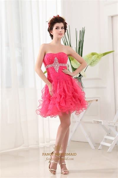Strapless Organza Dress With Ruffled Skirt Hot Pink High Low Prom