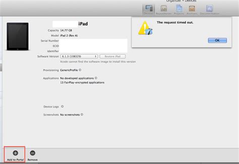 xcode request timed out when trying to add ios device to the portal