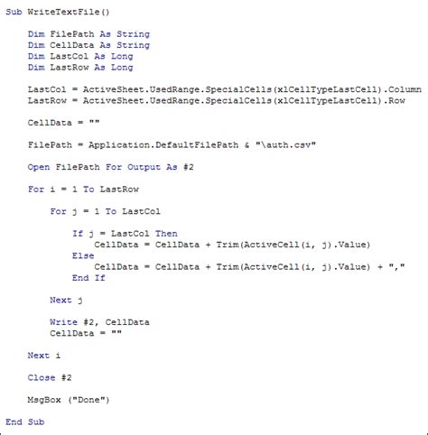 excel vba programming write to a text file