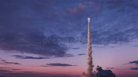 Space Rocket With Smoke And Blast Will Successfully Take Off Into The