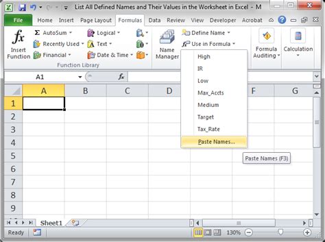 list all defined names and values in the worksheet in excel
