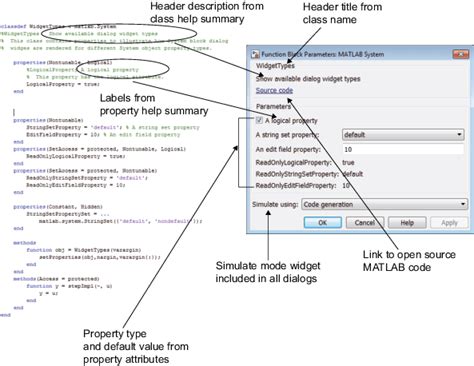 mapping system object code to matlab system block dialog box matlab