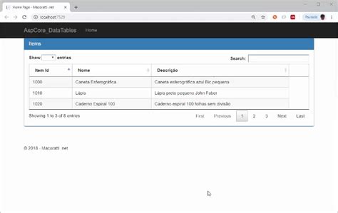 asp core usando jquery datatables ii