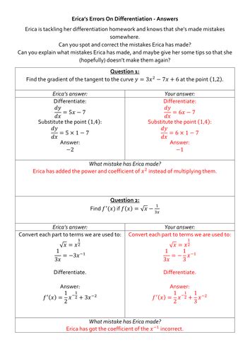 Ericas Errors On Differentiation Teaching Resources