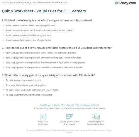 quiz and worksheet visual cues for ell learners