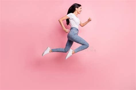 Full Size Profile Photo Of Optimistic Brunette Lady Jump Run Wear T