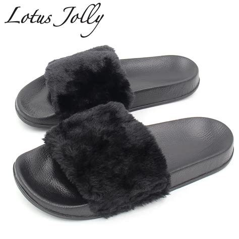 Plus Size 36 44 Women Fur Slides Sandals Fur Slippers Unisex Couples