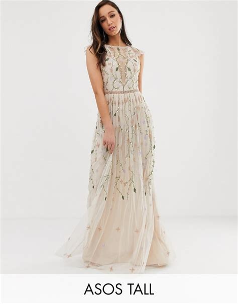 Asos Design Tall Pretty Embroidered Floral And Sequin Mesh Maxi Dress