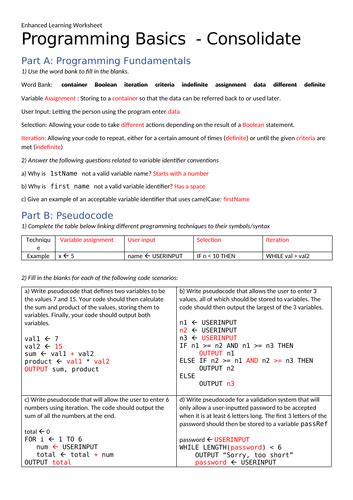 Programming Basics Pseudocode Enhanced Learning Worksheet Answers