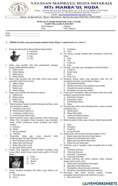 Soal Pas Ganjil Prakarya Tp 2022 2023 Worksheet Live Worksheets
