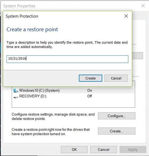 how to create restore a system restore point on windows 10