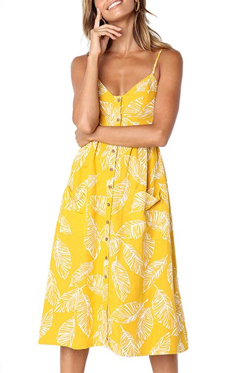 Angashion Womens Dresses Summer Floral Bohemian Spaghetti Strap Button