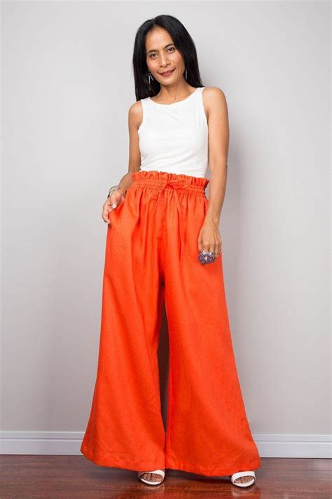 Orange Linen Trousers Handmade Long Wide Leg Palazzo Pants Etsy