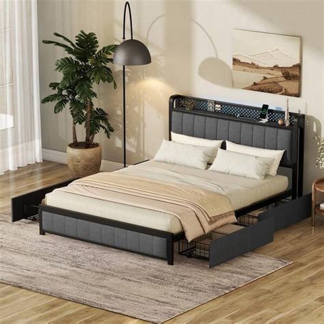 Harper And Bright Designs Dark Gray Metal Frame Queen Size Linen