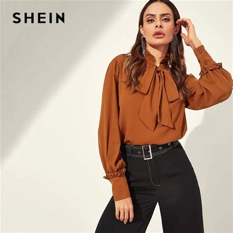Buy Shein Rust Frill Detail Tied Neck Bishop Sleeve