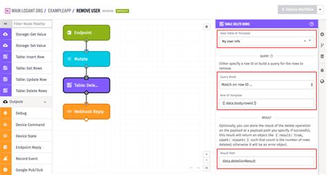 table delete rows node losant documentation