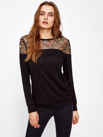 Shein Botanical Embroidery Mesh Yoke Sweatshirt Fashion Floral Mesh