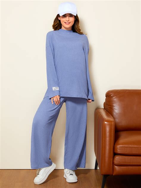 Shein Mulvari Mock Neck Drop Shoulder Patched Detail Tee And Pants Set