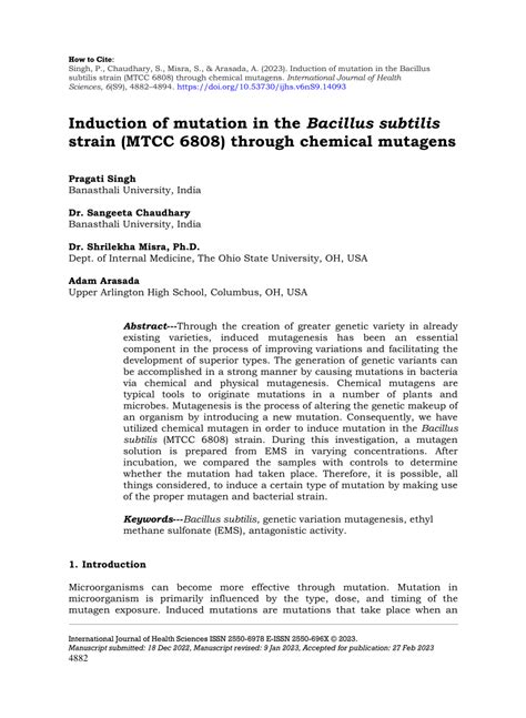 Pdf Induction Of Mutation In The Bacillus Subtilis Strain Mtcc 6808