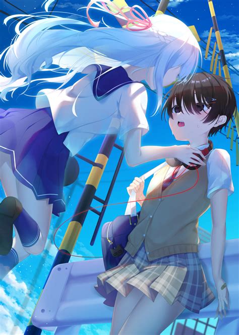 Safebooru 2girls Absurdres Aoitsuki Black Hair Blue Sky Blue Theme