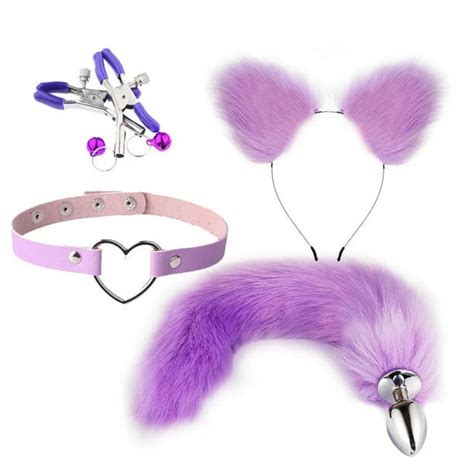 Sexy Fox Tail Anal Plug Cute Cat Ears Headbands Set Nipple Clip Neck