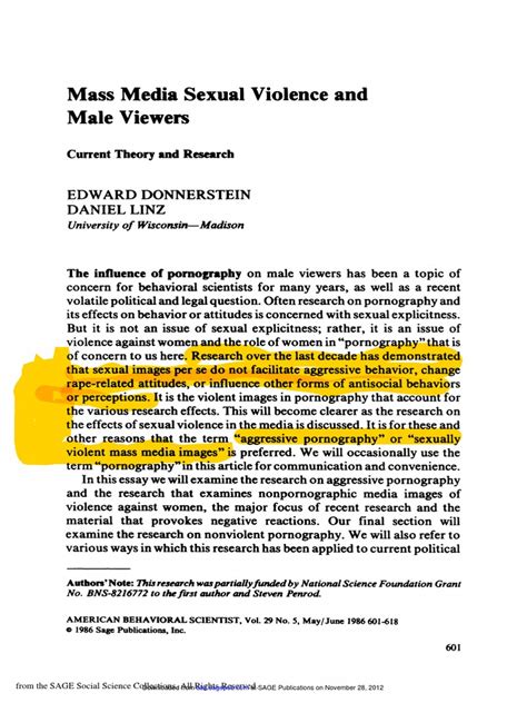Mass Media Sexual Violence And Male Viewers Pdf Violence