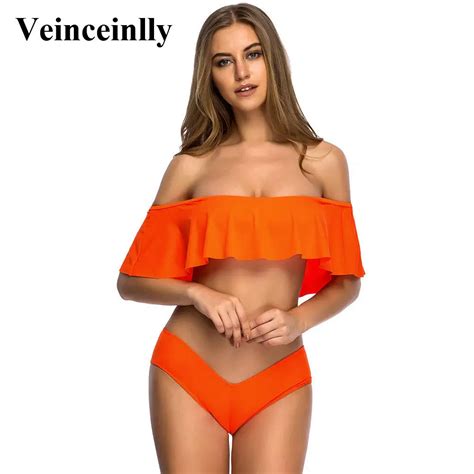 Orange Sexy Bikini Set Off Shoulder Ruffle Bikini Women Two Piece