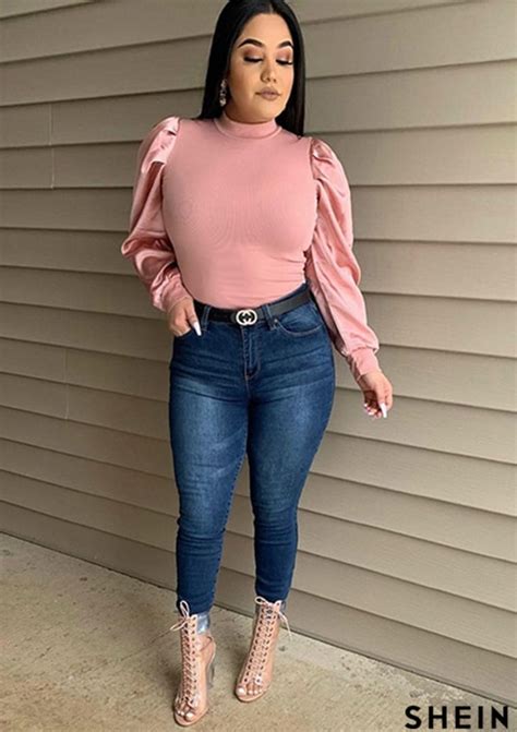 Shein Unity Mock Neck Satin Gigot Sleeve Rib Knit Top Shein Uk