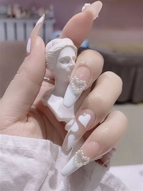 Transformar Teu Unhas Com 24 Peças Comprido Coffin Pérola Branca Padrão