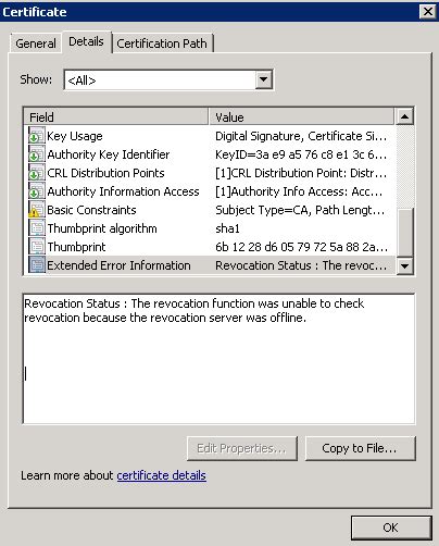 certificate revocation status the revocation function was unable to