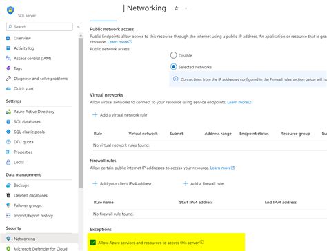 how to set allow azure services and resources to access this server