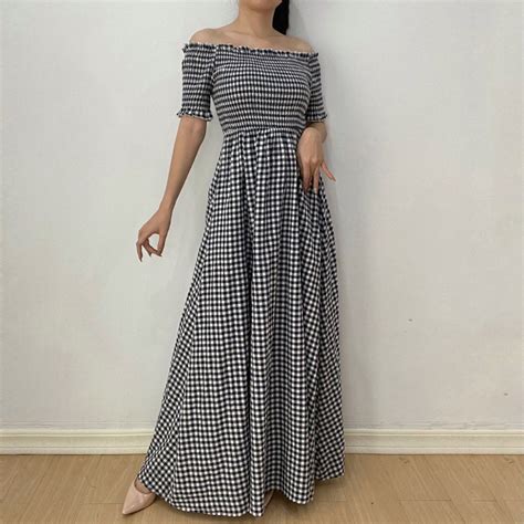 Shein Frill Trim Shirred Bodice Split Thigh Gingham Dress Navy Blue