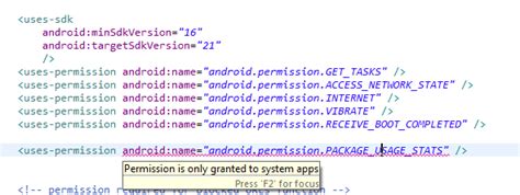 error in manifest xml when adding package usage stats android lollipop