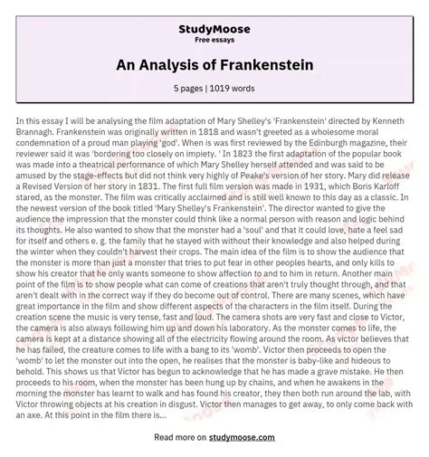 An Analysis Of Frankenstein Free Essay Example