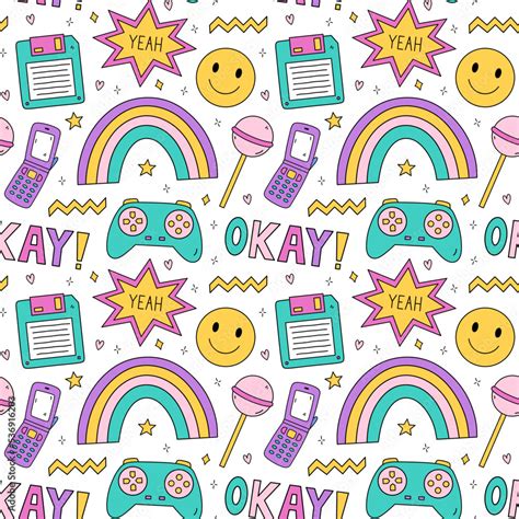 Bright Seamless Pattern With Items From The Nineties Retro Flip Phone