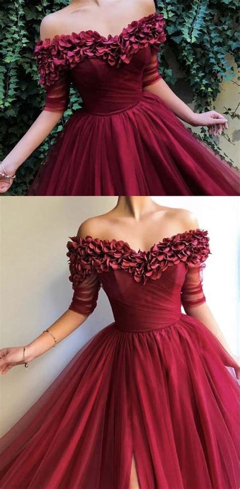 Half Sleeve Prom Dresses Off The Shoulder Hand Made Flower Burgundy Lo