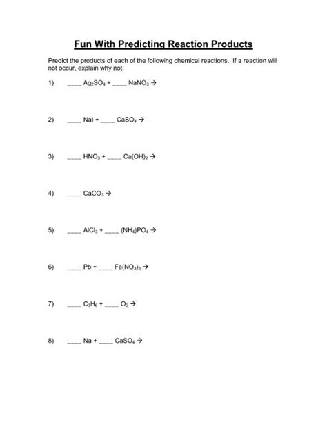 Predicting Reaction Products Worksheet