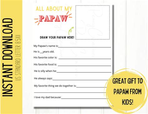 All About My Papaw Printable Fathers Day Questionnaire Instant