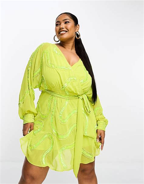 Asos Design Curve Rouleaux Loop Tie Waist Mini Dress With Swirl