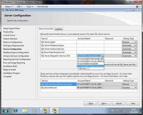 installation what accounts to use when installing sql