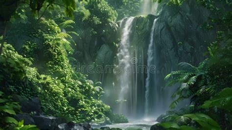 A Large Waterfall Cascades Down Rocks In The Heart Of A Thick Jungle
