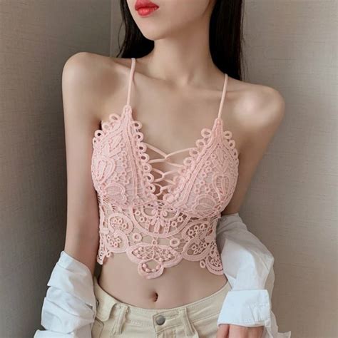 Women Sexy Tanks Top Lace Bralettes Vests Deep V Neck Padded Wireless