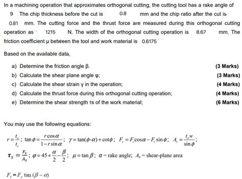 Solved In A Machining Operation That Approximates Orthogonal