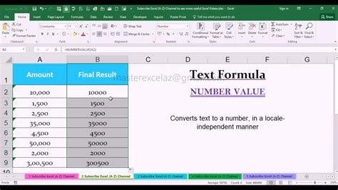 numbervalue text function with examples in ms office excel spreadsheet