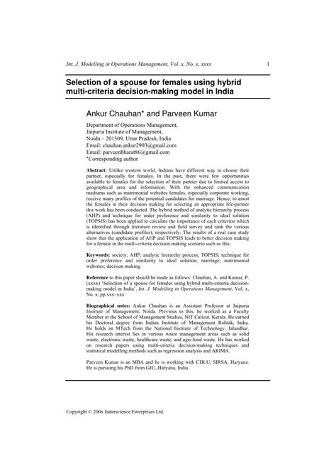 Pdf Selection Of A Spouse For Females Using Hybrid Multi Criteria