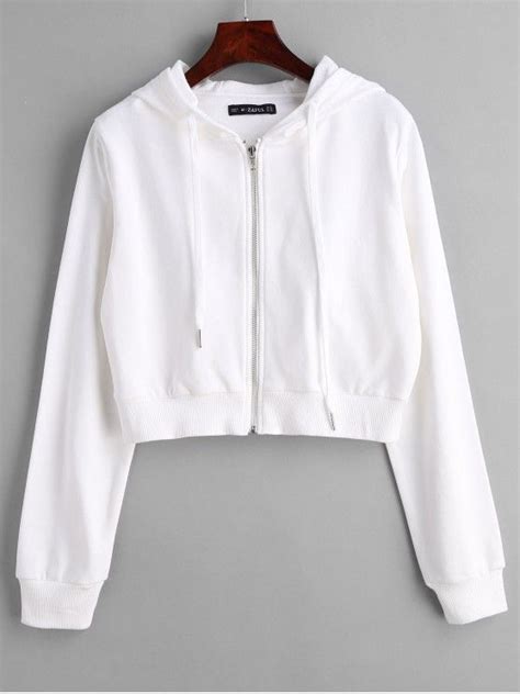 [36 Off] [hot] 2019 Zaful Drawstring Zip Up Cropped Hoodie In White