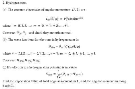 Solved 2 Hydrogen Atom A The Common Eigenstates Of