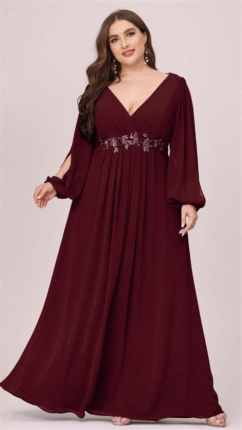 Stylish Chiffon Plus Size Evening Dresses With Long Lantern Sleeves